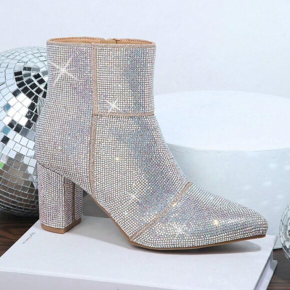 Shoes | Newchampagne Rhinestone Crystal Embellished Ankle Boot Booties ...